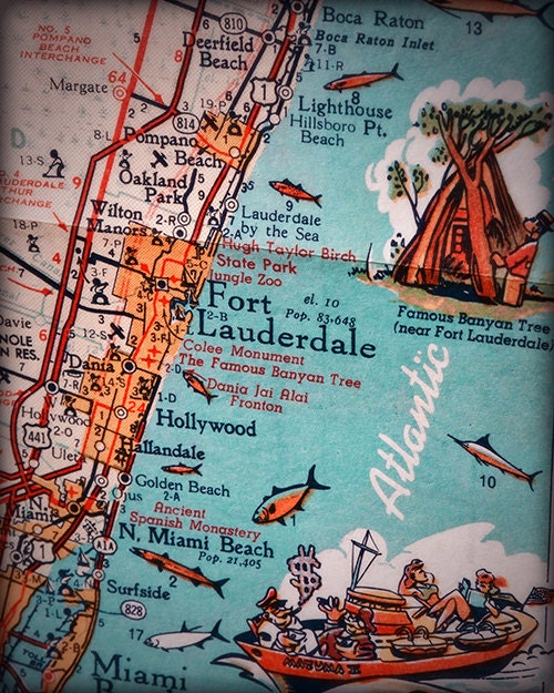 Fort Lauderdale Hollywood Beach Retro Beach Map Print Funky Vintage ...