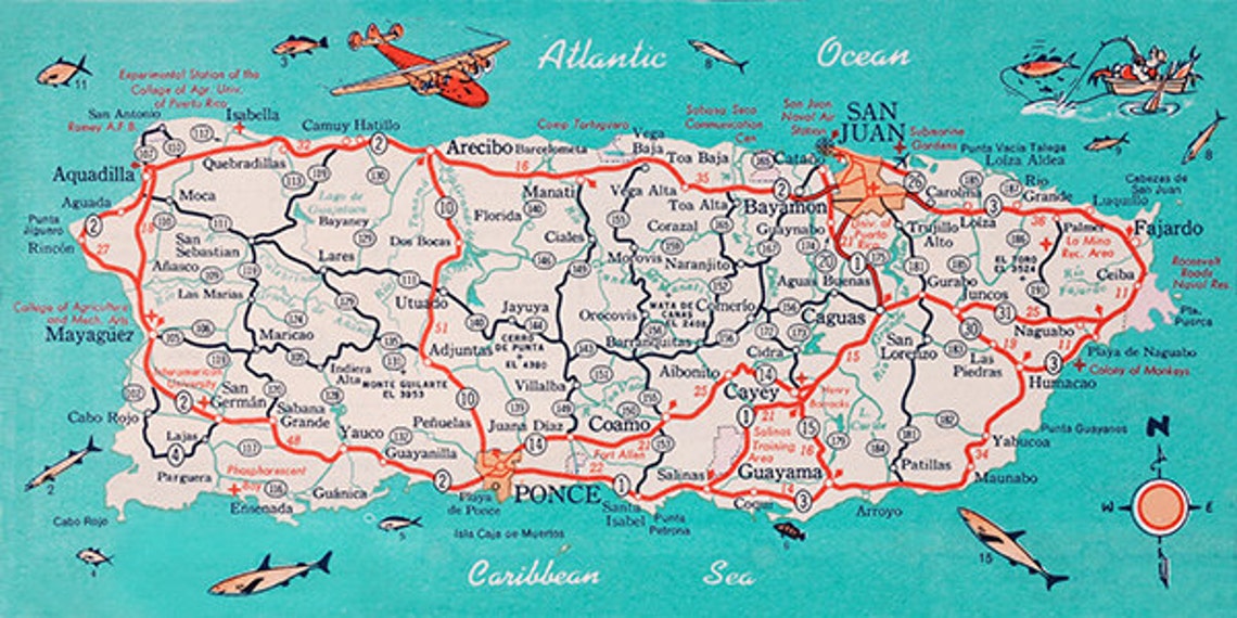Puerto Rico Retro Beach Map Panoramic Print Funky Vintage Turquoise ...