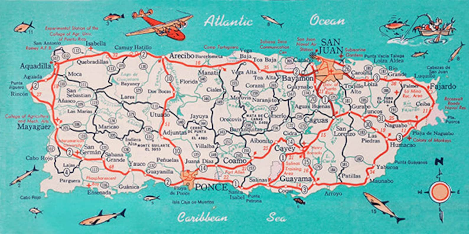 Puerto Rico Retro Beach Map Panoramic Print Funky Vintage Turquoise ...