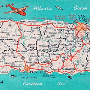 Puerto Rico Retro Beach Map Panoramic Print Funky Vintage Turquoise ...