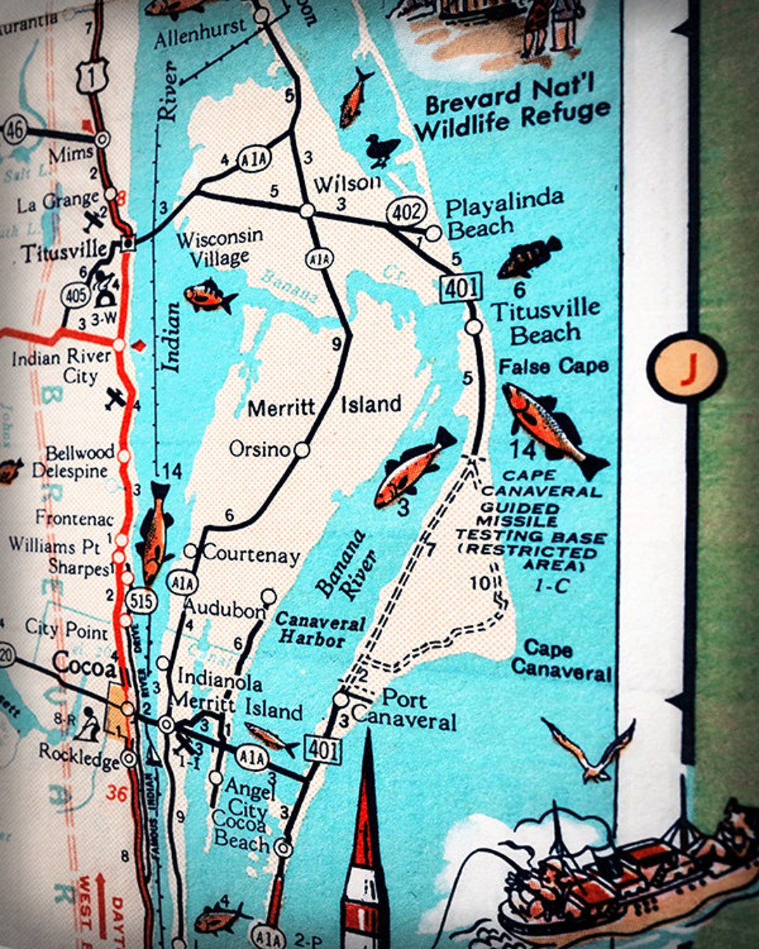 Merritt Island Cape Canaveral Titusville Retro Beach Map Print Funky ...