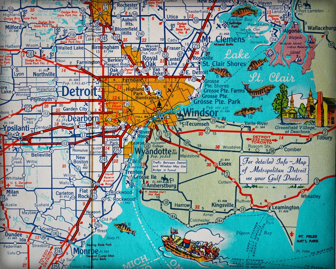 Detroit Michigan Windsor Ontario Canada Retro Map Print Funky Vintage ...