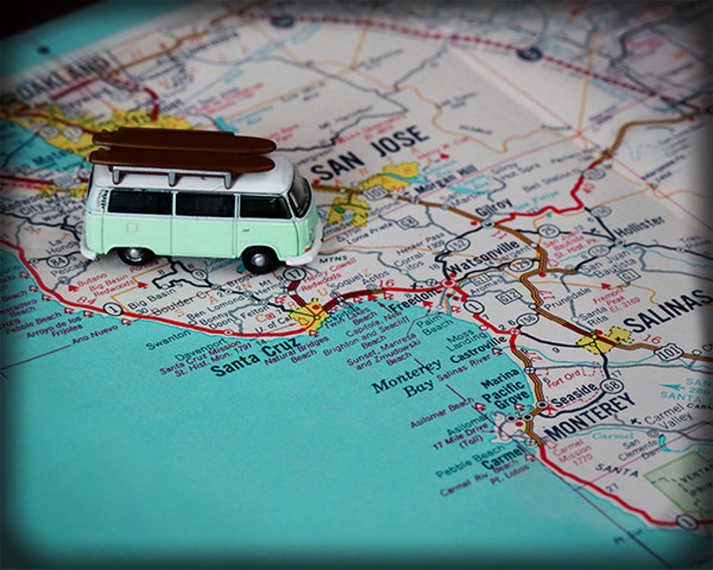 Pacific Coast Highway 1 Santa Cruz Monterey Bay Retro Beach Map Print ...