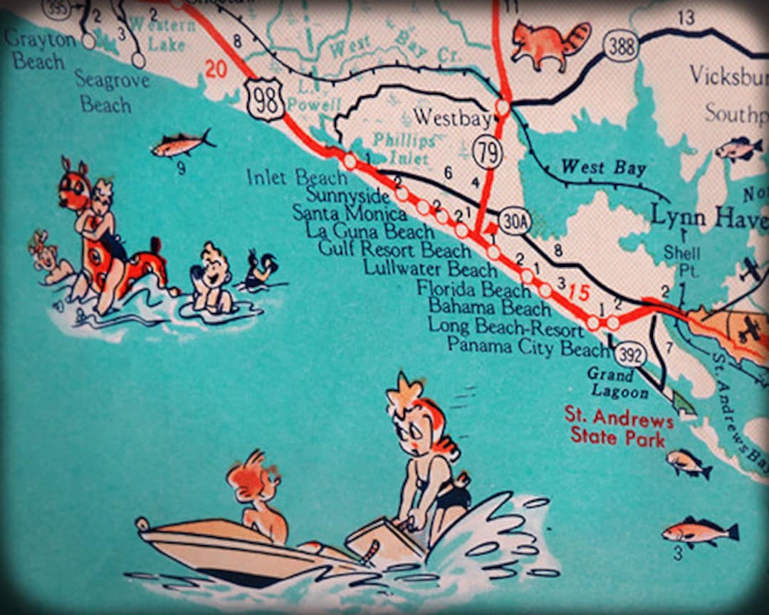 Florida Panhandle Spring Break Panama City Beach Retro Beach Map Print ...