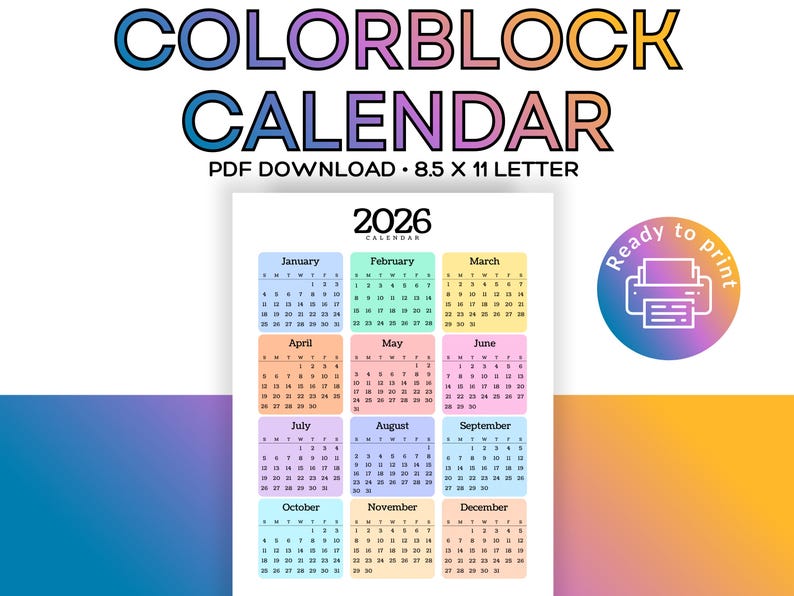 2026 Year At-a-glance Color Block Calendar Design | Printable PDF ...