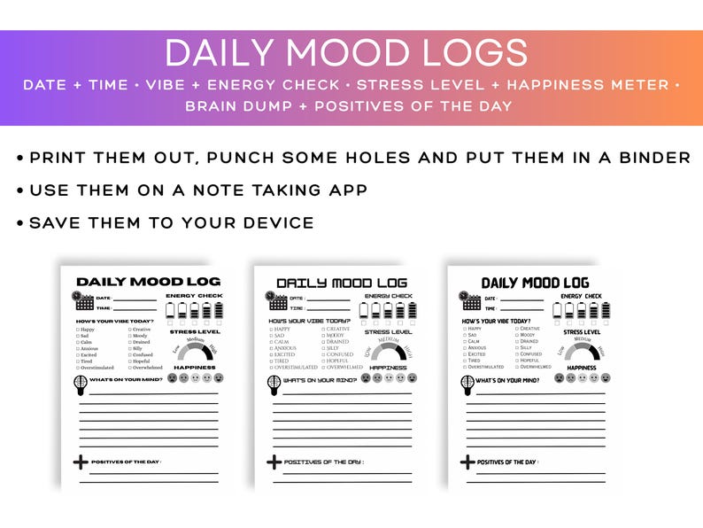 Daily Mood Tracker Log Template Printable, Daily Energy Vibe Tracker ...