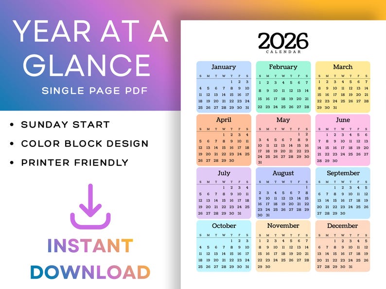 2026 Year At-a-glance Color Block Calendar Design | Printable PDF ...