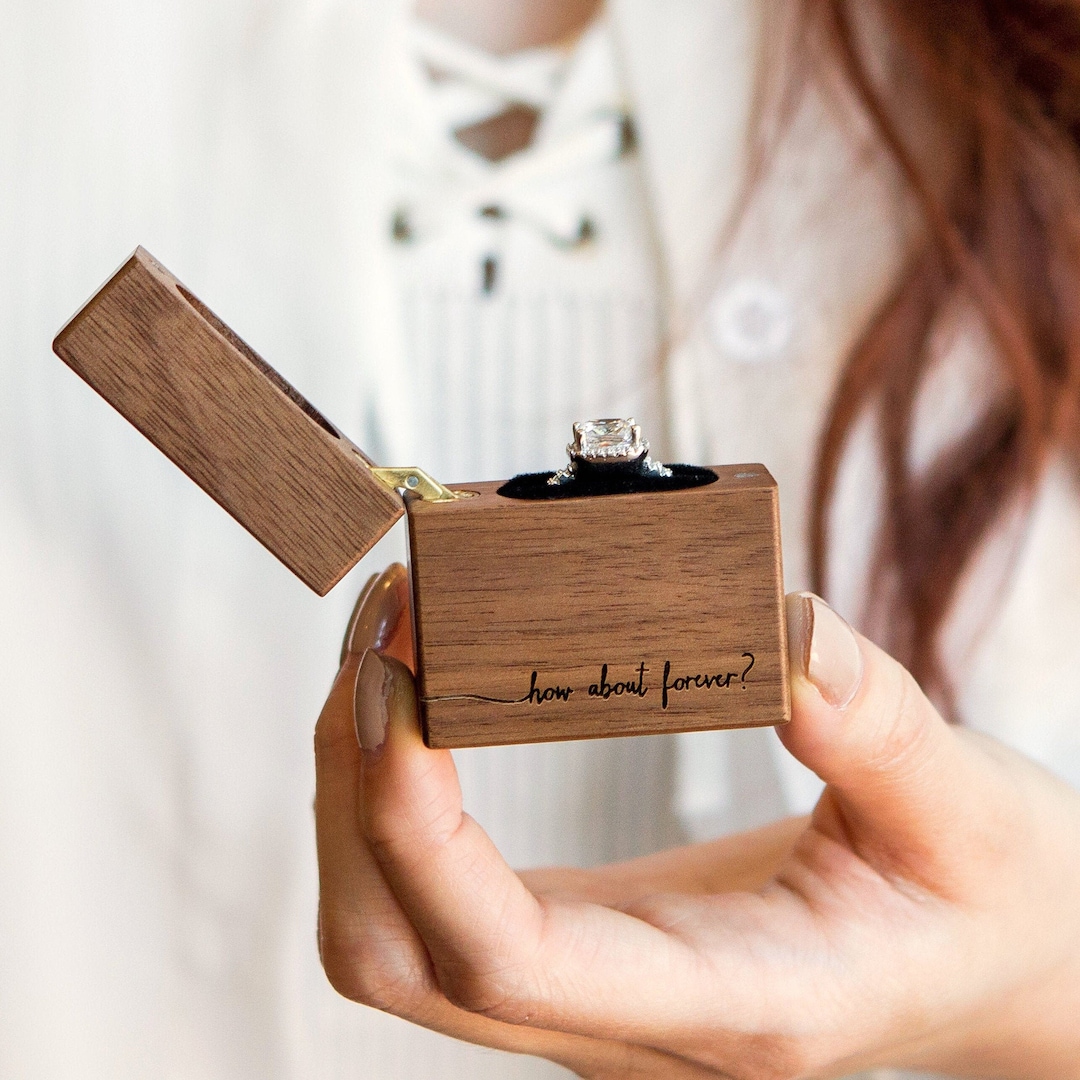 Flip Wood Ring Box - Engraved Secret Single Ring Engagement Ring Box ...
