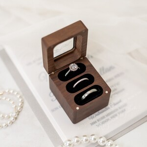 Triple Flip Wood Ring Box With Glass Lid UV Printed Ring Box for 3 ...