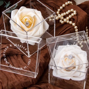 Engraved Acrylic Cube Ring Box With Rose Ring Holder - Clear Wedding ...