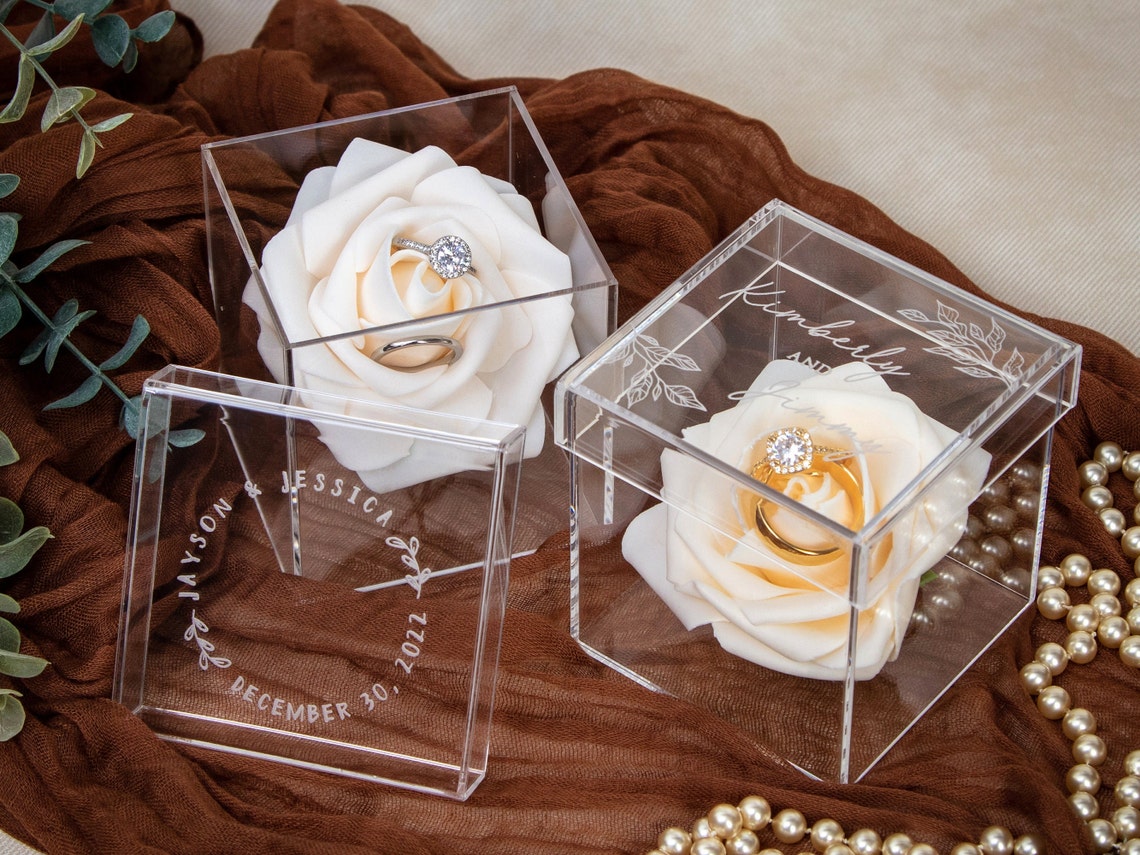 Acrylic Cube Ring Box With Rose Ring Holder Etched Clear - Etsy