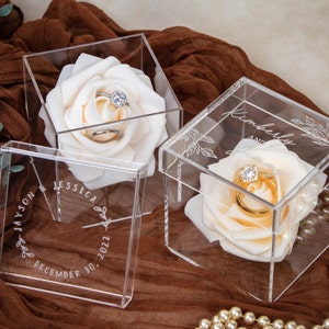 Acrylic Cube Ring Box With Rose Ring Holder - Etched Clear Wedding Ring ...