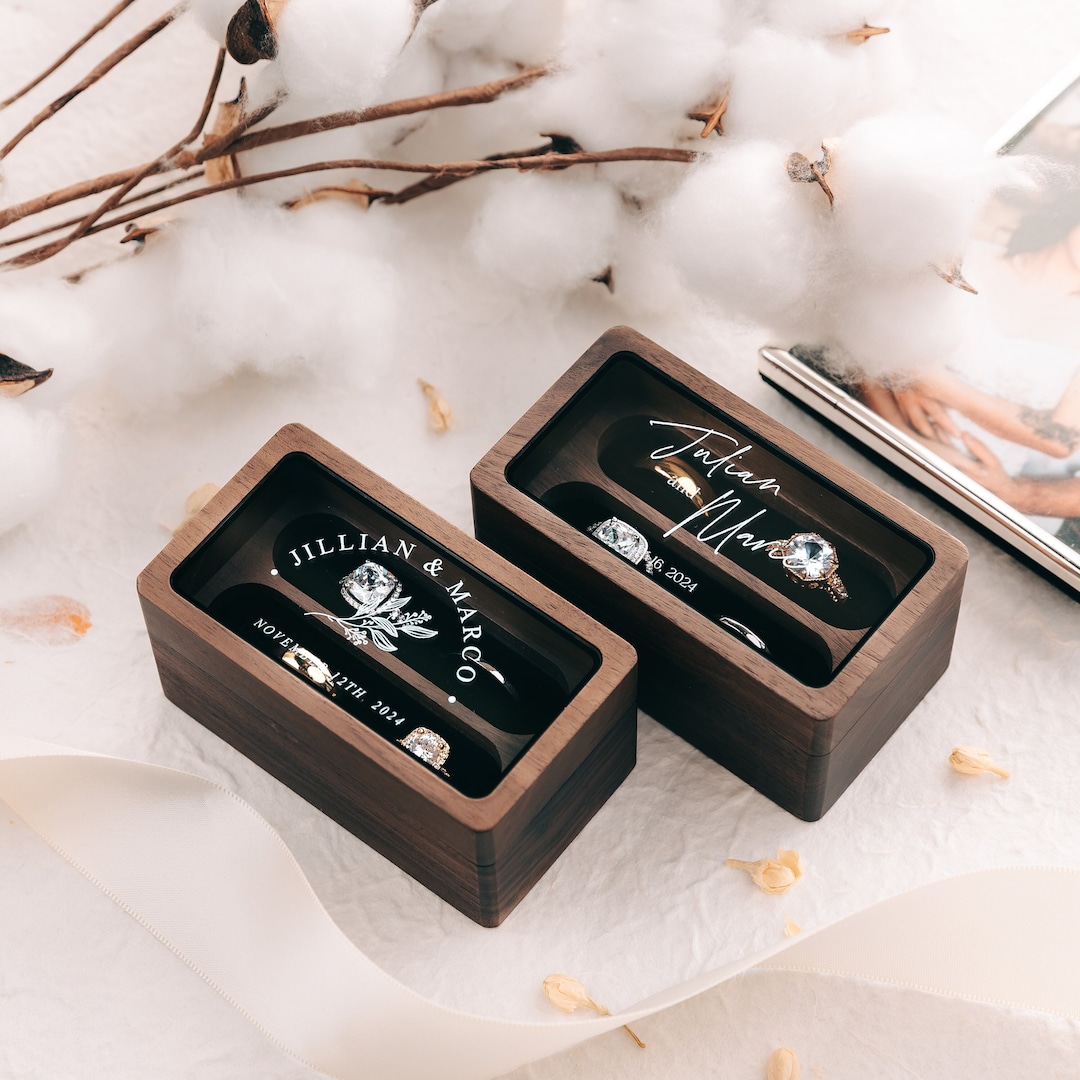 Quad Wood Ring Box W/ Glass Lid - Wide Wood Personalized Four Slot ...