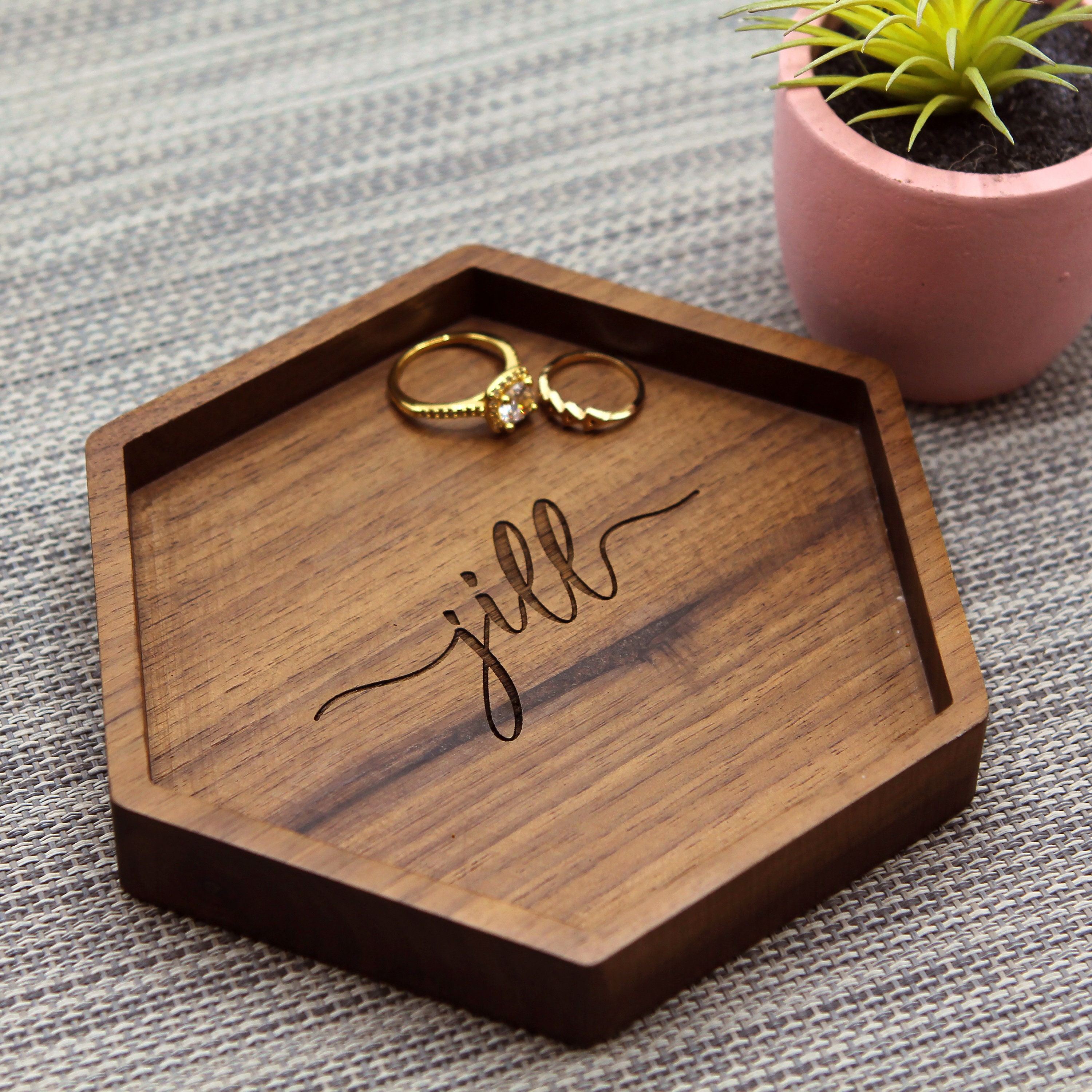 Hexagon Wood Tray Engraved Key or Ring Dish Bedside Table | Etsy