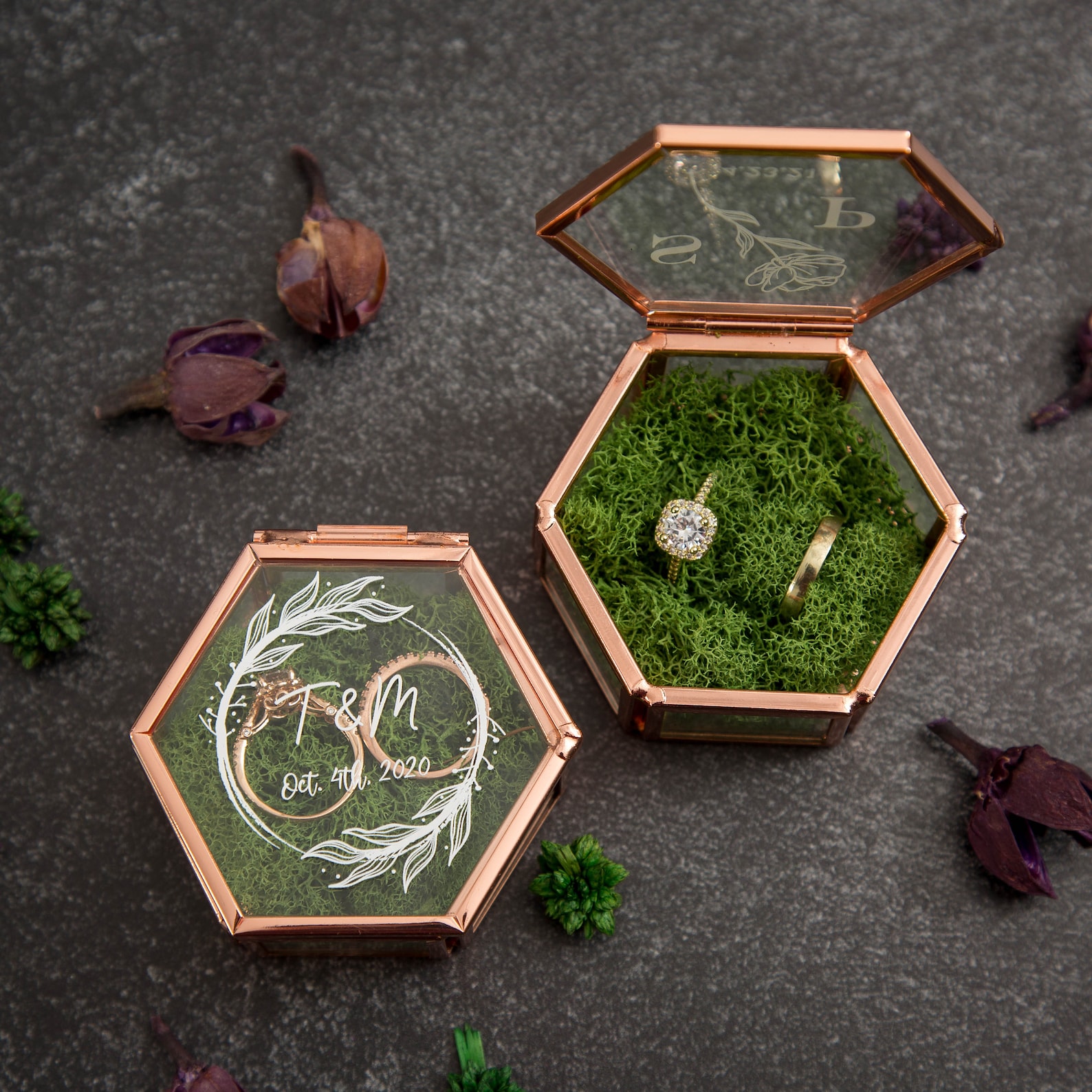Hexagon Glass Ring Box With Moss Gold or Rose Gold Personalized Ring ...