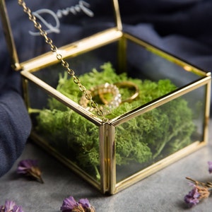 Square Gold Glass Ring Bearer Box With Moss - Personalized Ring Box for ...