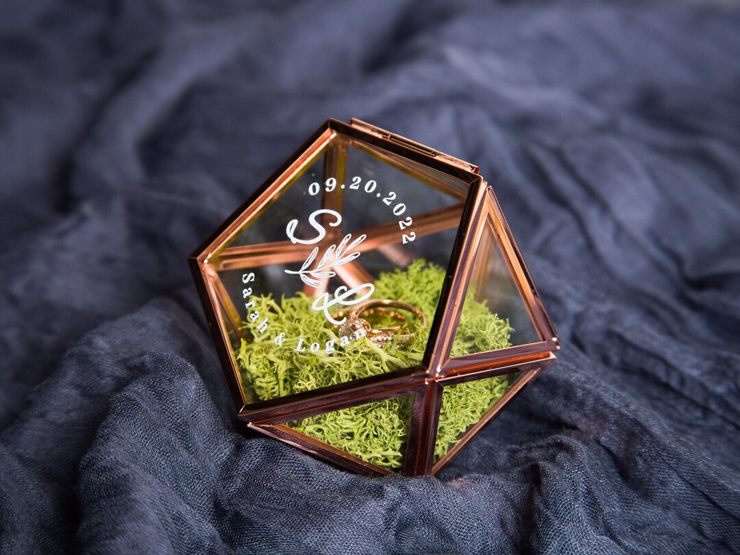 Geometric Glass Ring Box With Moss - Rose Gold or Gold - Personalized ...