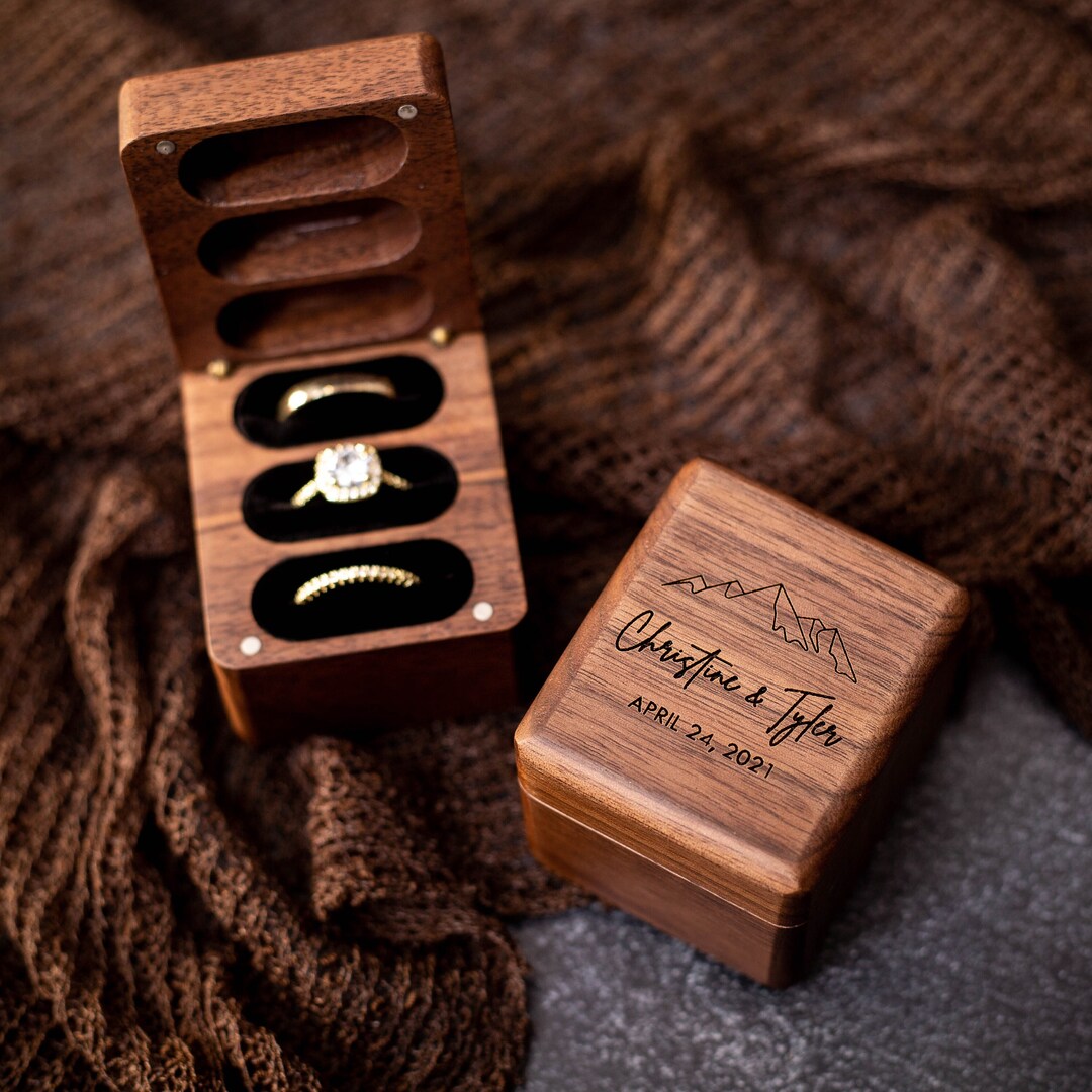 Engraved Triple Flip Wood Ring Box - Ring Box for 3 Rings, Wedding ...