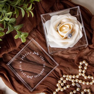 Acrylic Cube Ring Box With Rose Ring Holder - Etched Clear Wedding Ring ...