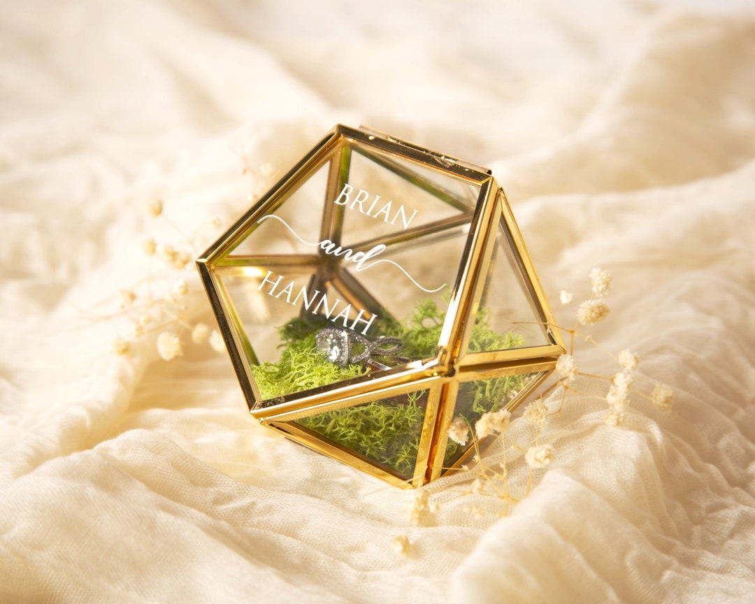 Geometric Glass Ring Box With Moss - Rose Gold or Gold - Personalized ...