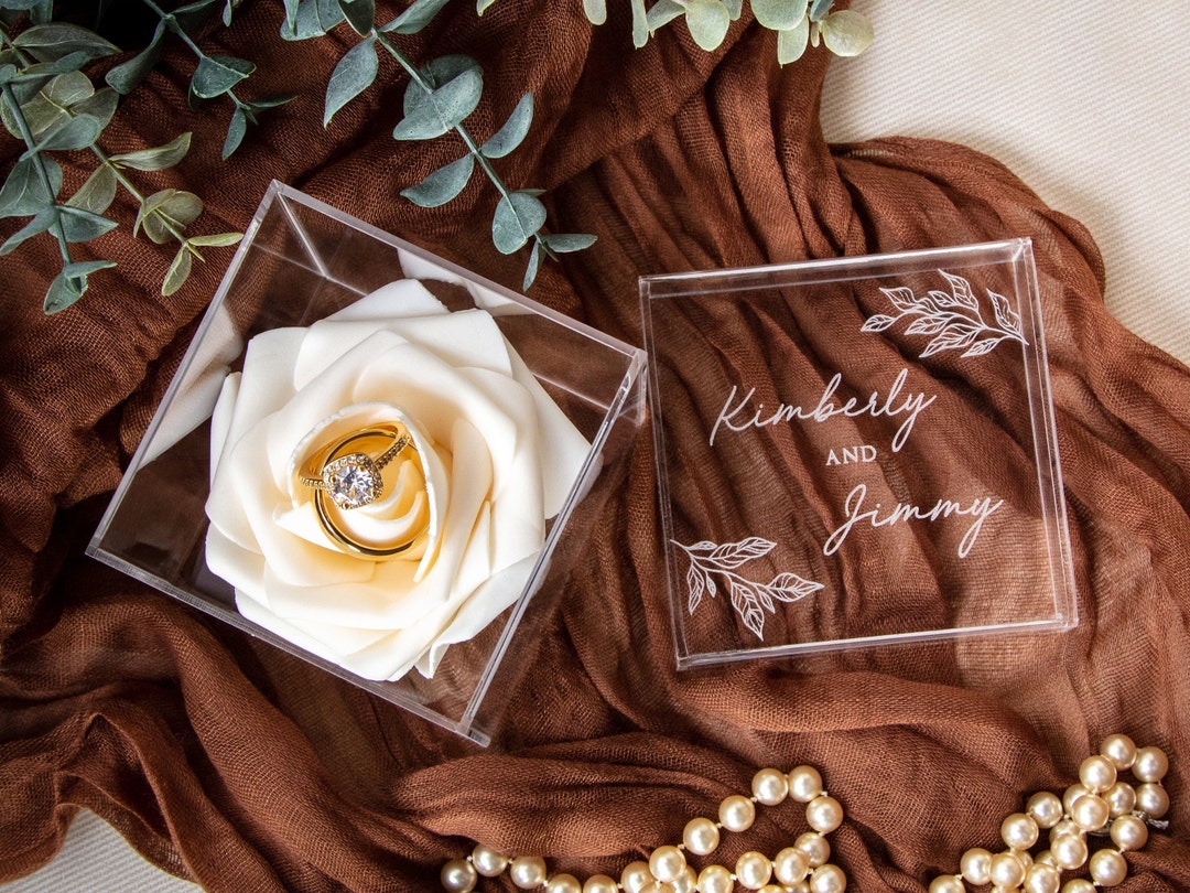 Acrylic Cube Ring Box With Rose Ring Holder - Etched Clear Wedding Ring ...