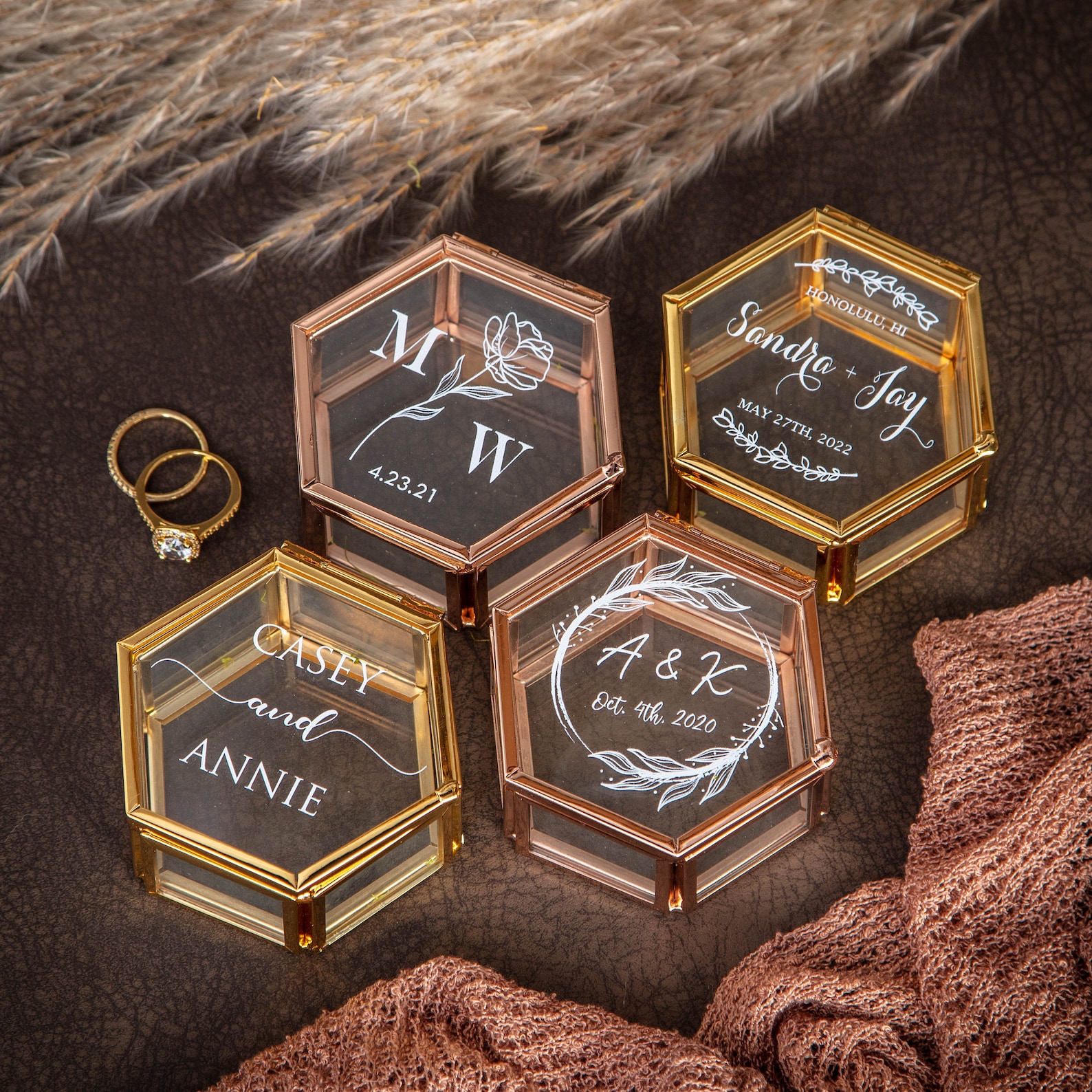 Hexagon Glass Ring Box With Moss Gold or Rose Gold Personalized Ring ...