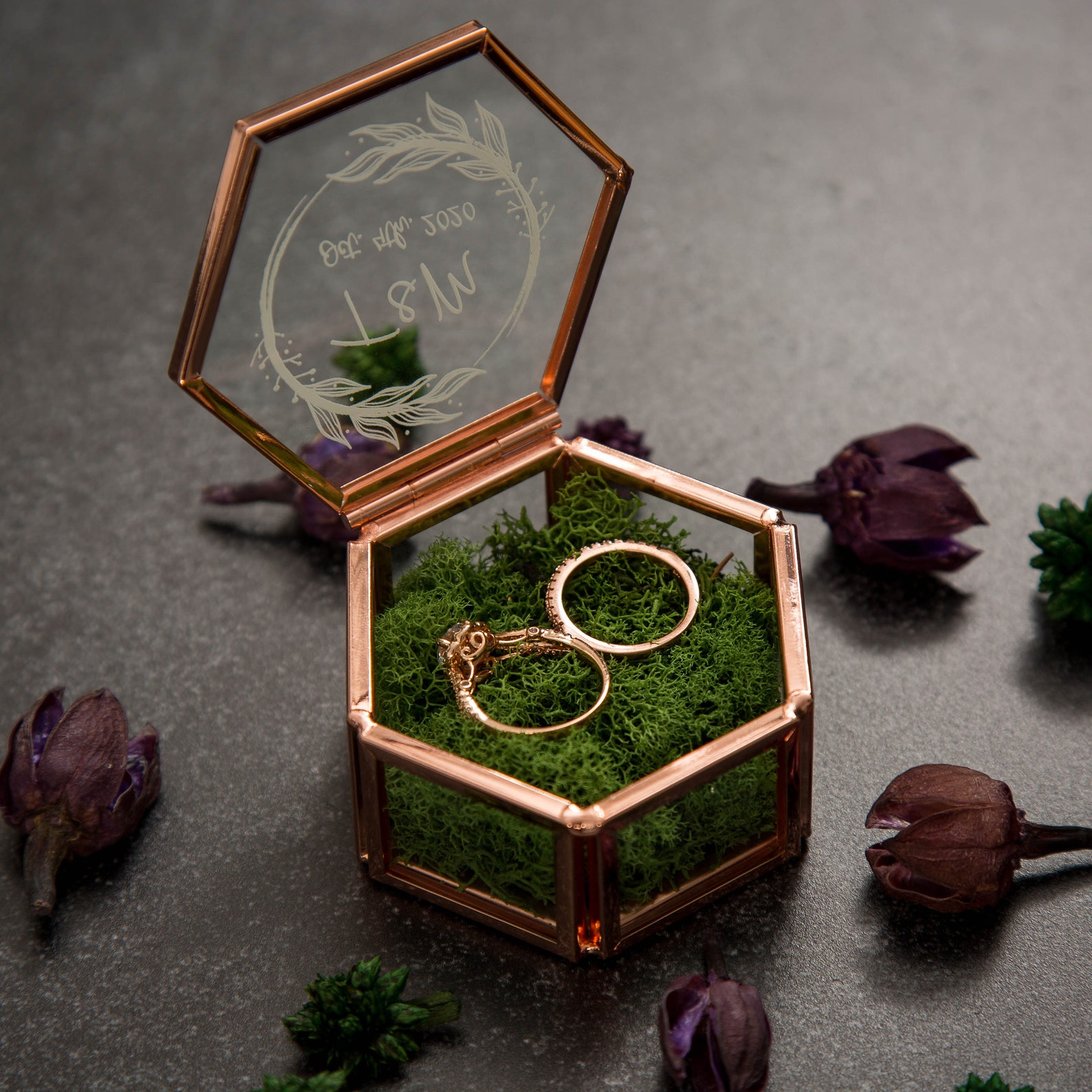 Hexagon Glass Ring Box With Moss Gold or Rose Gold Personalized Ring ...