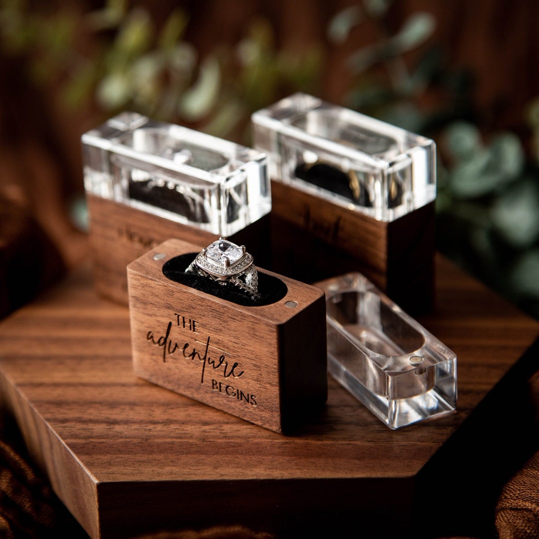 Acrylic Wood Flip Ring Box - Engraved Single Ring Engagement Ring Box ...