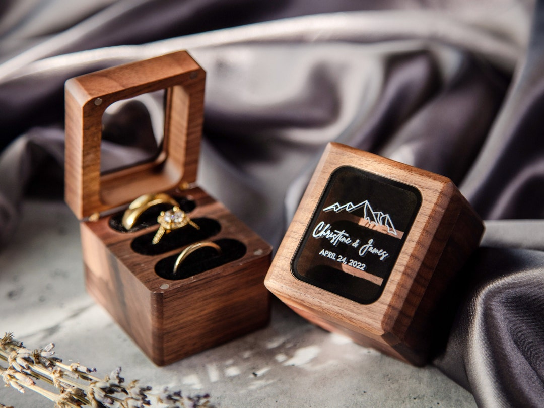 Triple Flip Wood Ring Box With Glass Lid - UV Printed Ring Box for 3 ...