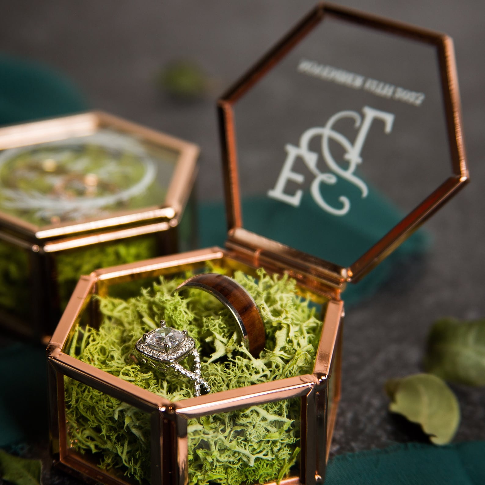 Hexagon Glass Ring Box With Moss Gold or Rose Gold Personalized Ring ...