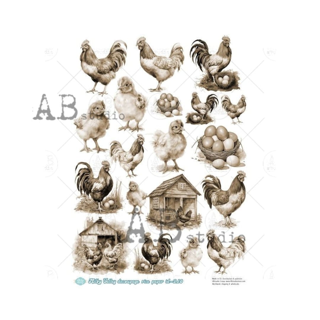 Sepia Chickens | A4 Rice Paper | Paper for Decoupage | AB Studios ...