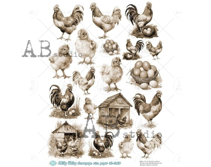 Sepia Chickens | A4 Rice Paper | Paper for Decoupage | AB Studios ...