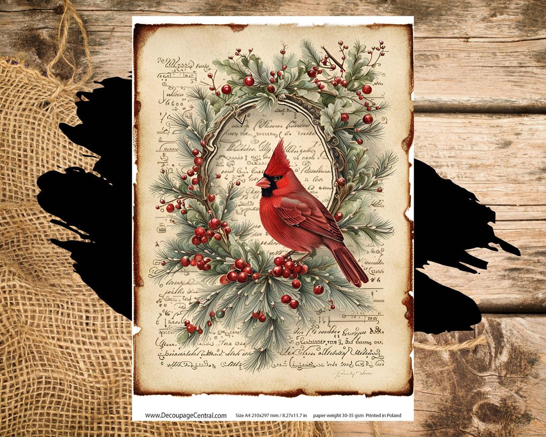 Cardinal Postcard A4 Rice Paper Paper for Decoupage Vintage Winter ...