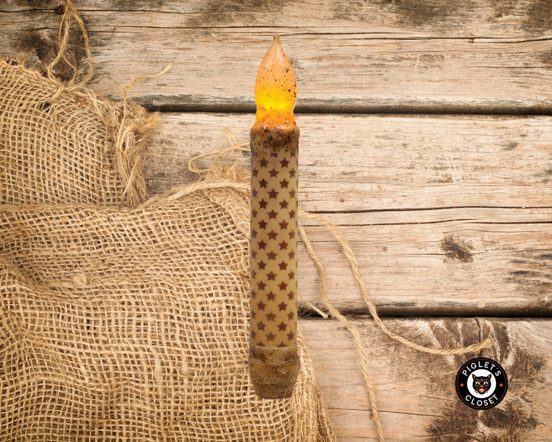 Grungy Burnt Mustard & Red Star Primitive Timer Battery Candle Taper 6 ...