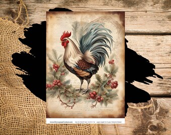 Rose Rooster A4 Rice Paper Paper for Decoupage Farmhouse Floral Vintage ...