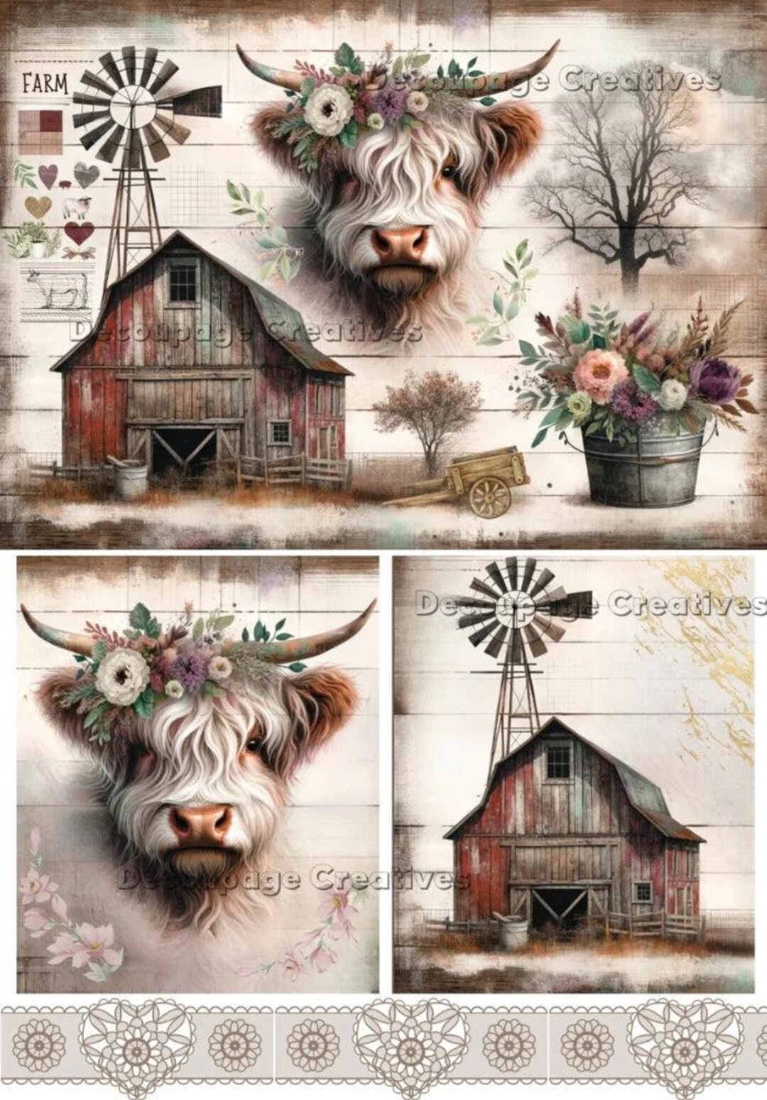 Highland Cow Farm A4 Rice Paper Paper for Decoupage Decoupage Creatives ...