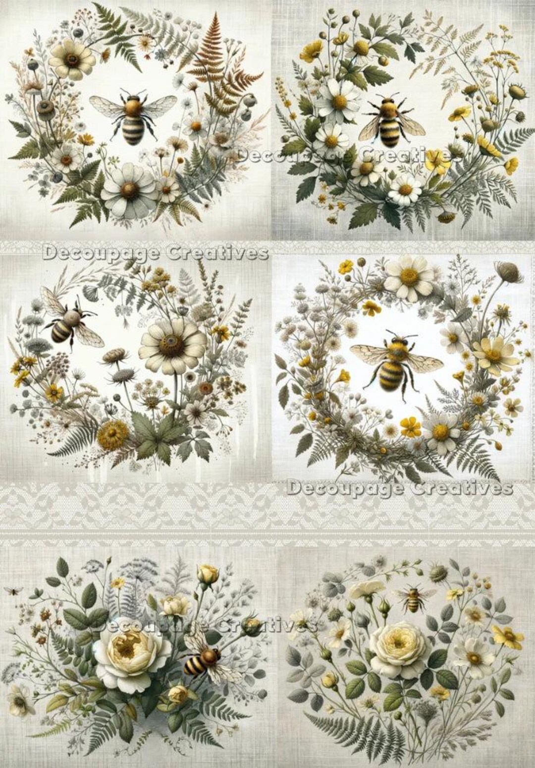 Wildflower Bees on Linen | A4 Rice Paper | Paper for Decoupage ...