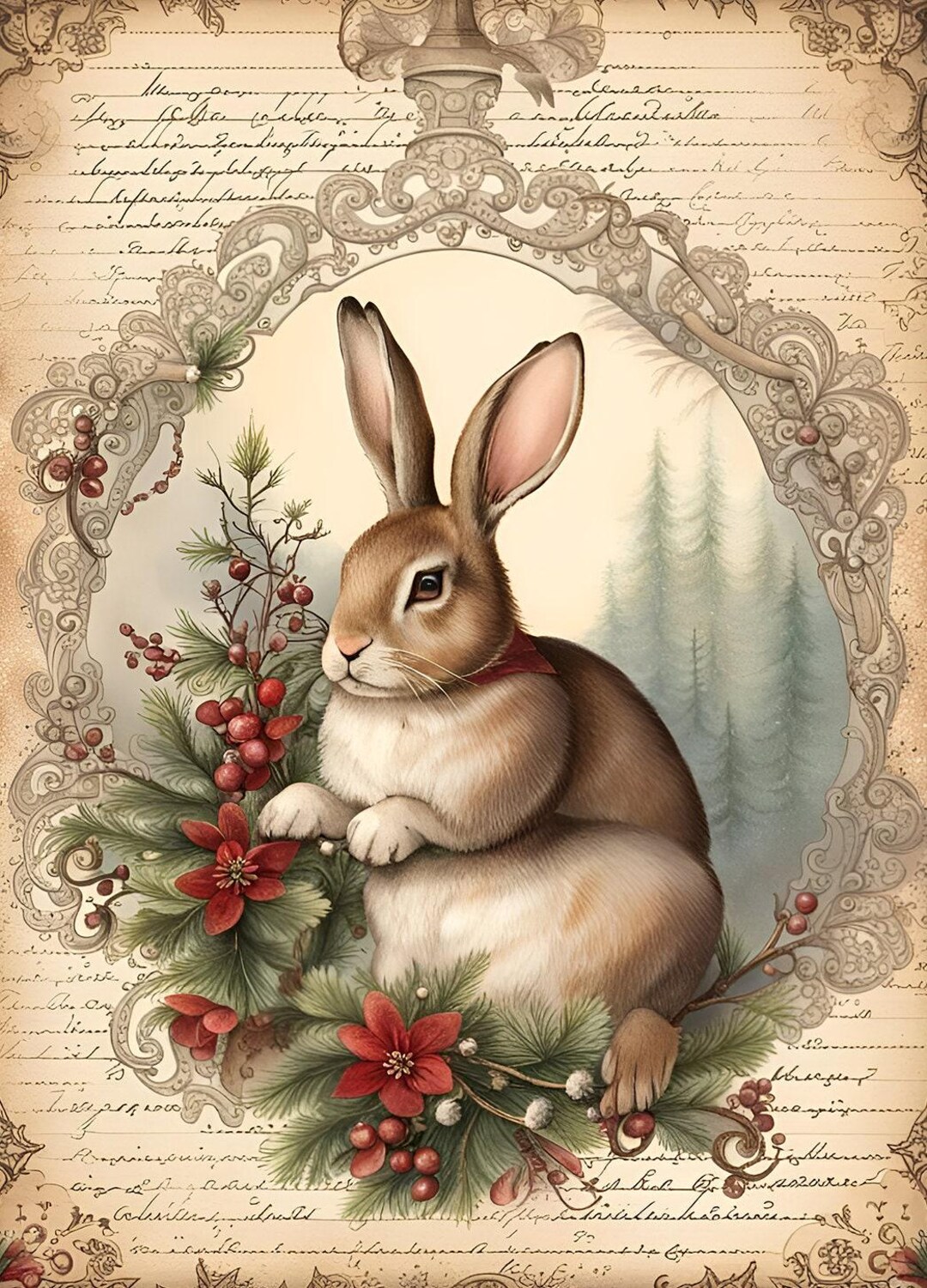 Christmas Rabbit | A4 Rice Paper | Paper for Decoupage | Vintage Winter ...