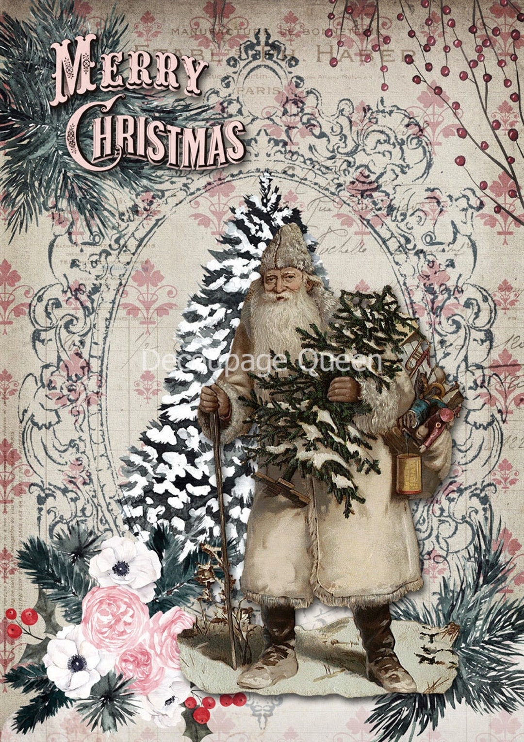Pink Christmas Rice Paper Decoupage Queen A3 / A4 Holiday Decoupage ...