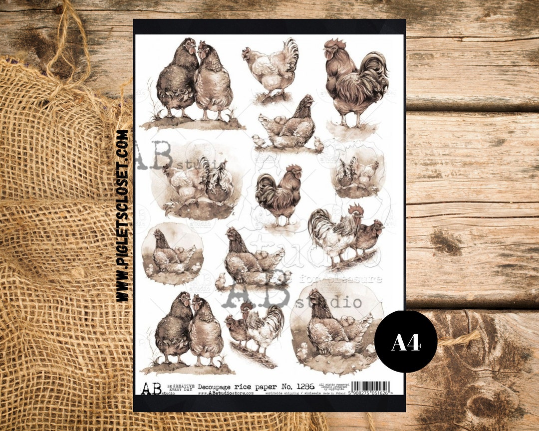 Sepia Farm Chickens A4 Rice Paper AB Studios Paper for Decoupage ...
