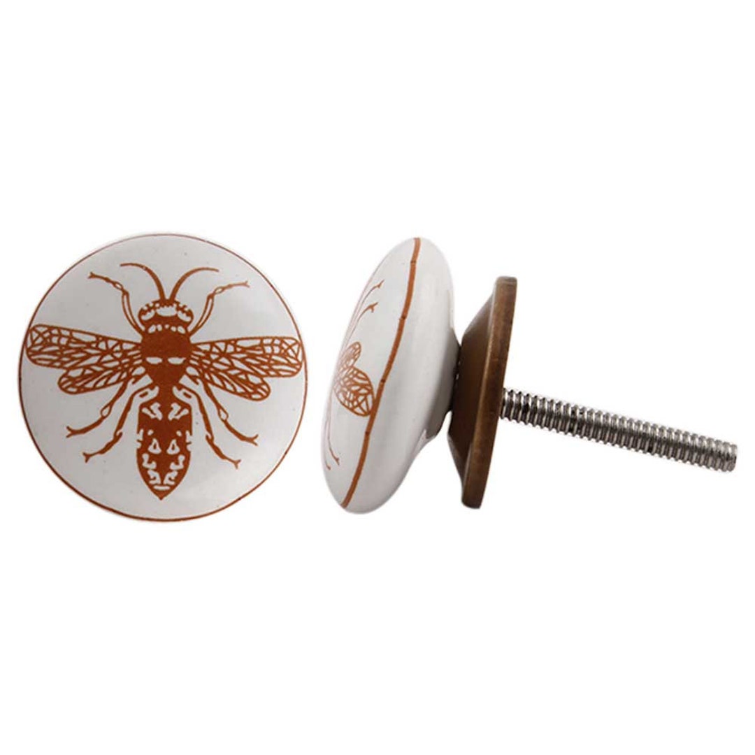 Bumble Bee White and Brown Flat Ceramic Cabinet Knob Drawer Pull ...