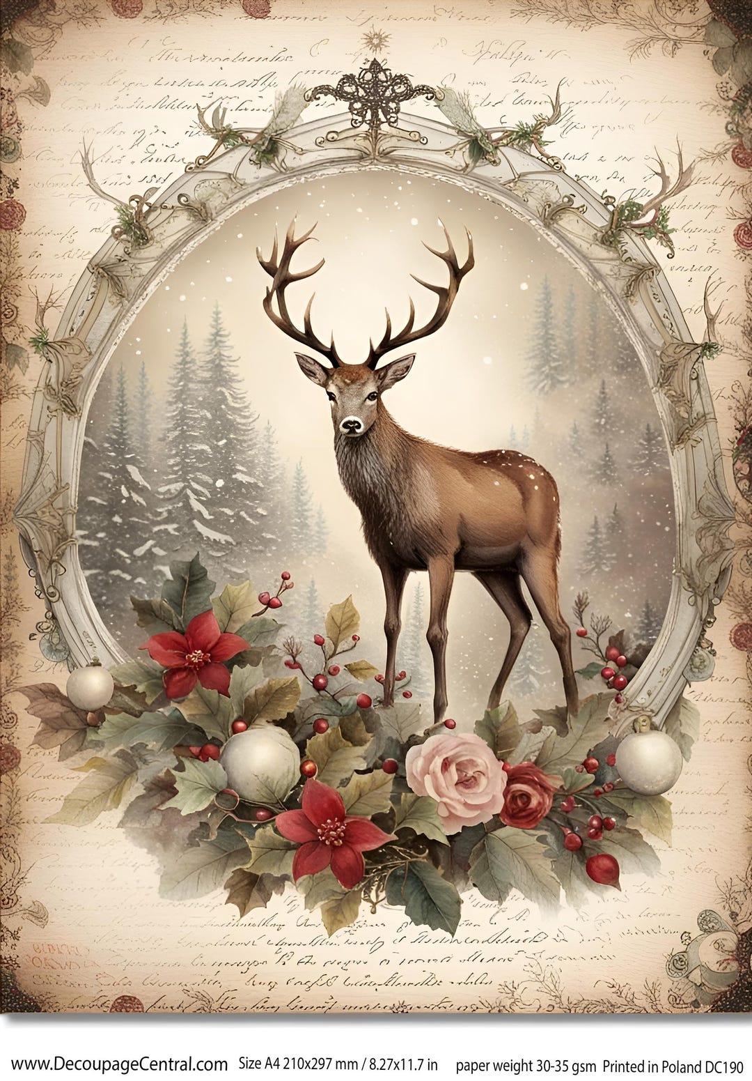 Floral Christmas Stag Rice Paper A4 Paper for Decoupage Decoupage ...