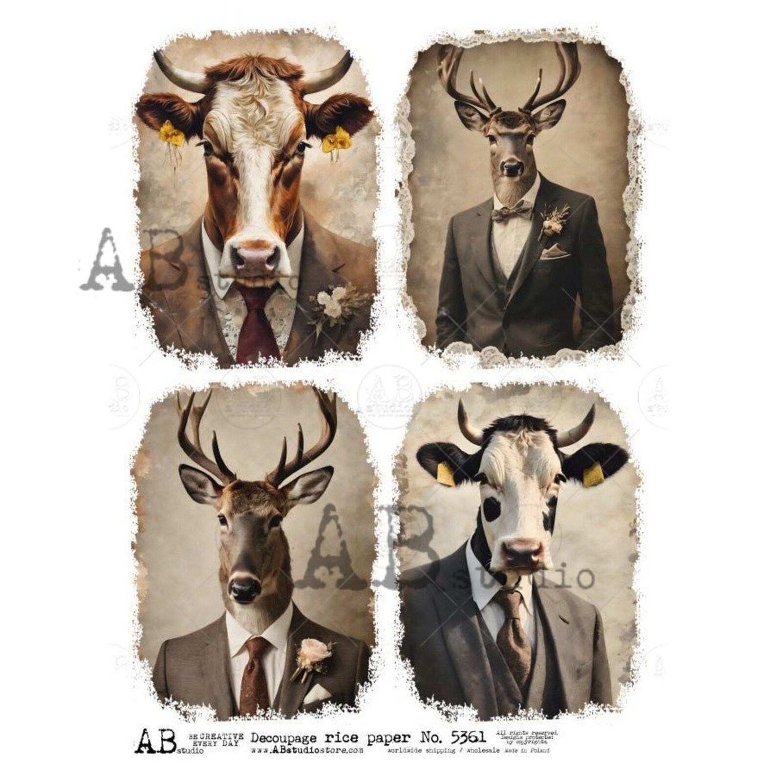Stag & Cow Portraits A4 Rice Paper Paper for Decoupage AB Studios ...