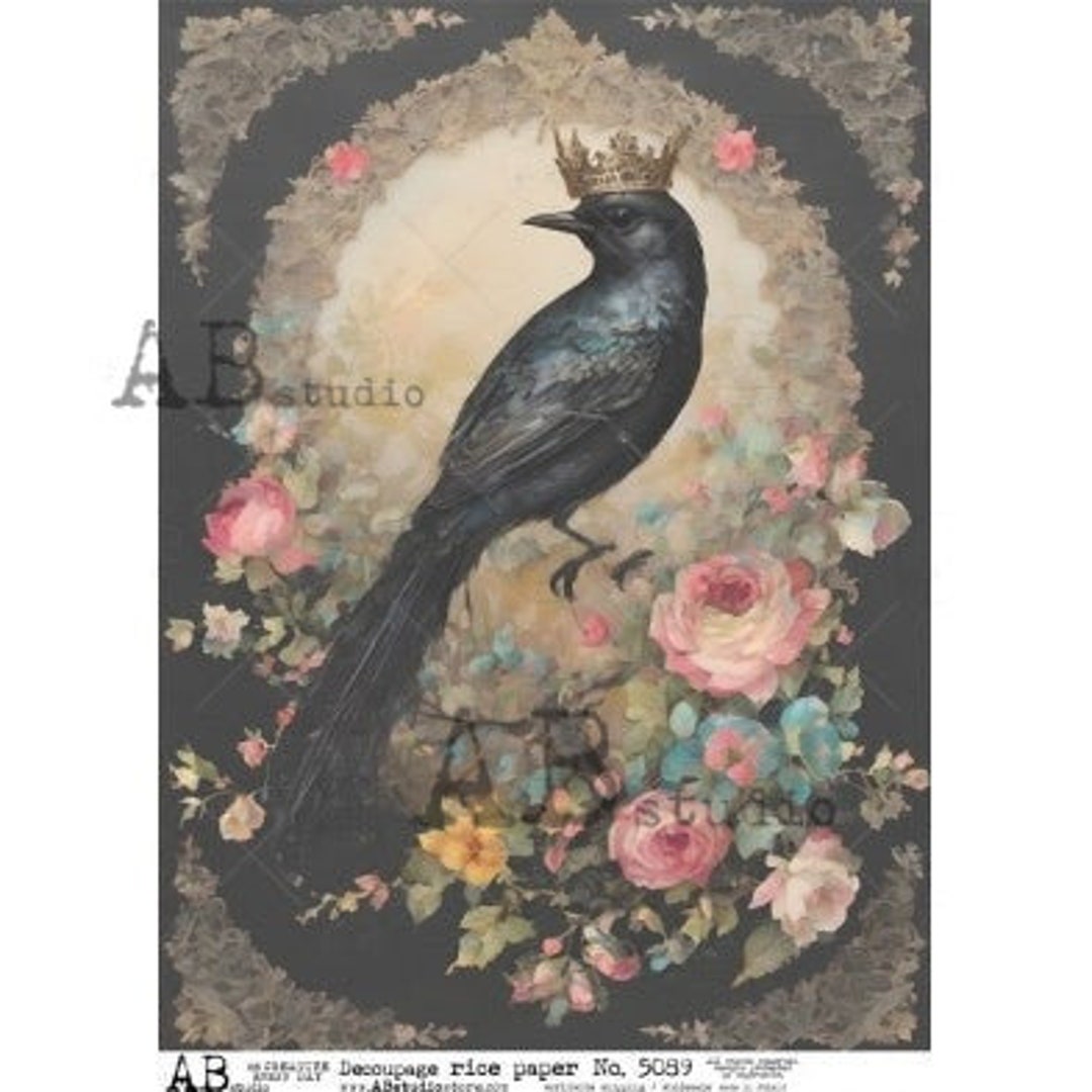 Crowned Crow A4 Rice Paper Paper for Decoupage AB Studios Black Floral ...