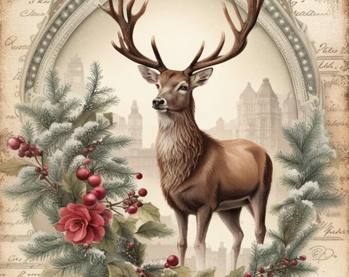 Christmas Stag A4 Rice Paper Paper for Decoupage Vintage Winter ...