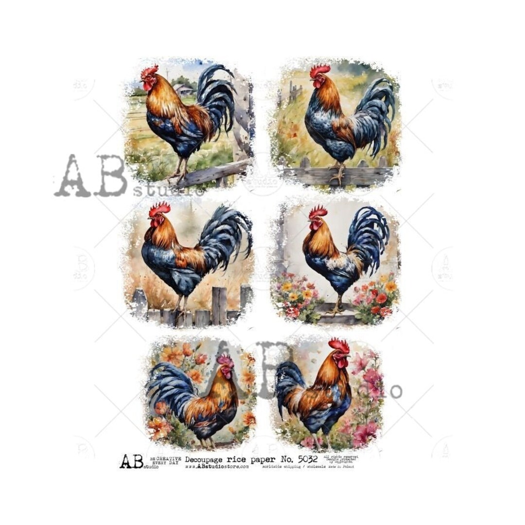 Floral Farmhouse Rooster A4 Rice Paper Paper for Decoupage AB Studios ...