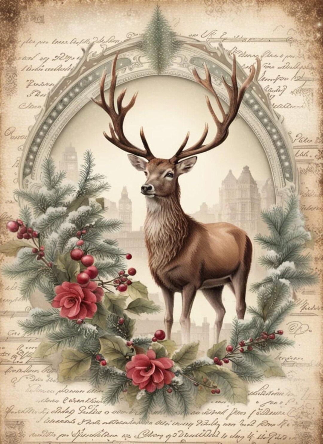 Christmas Stag | A4 Rice Paper | Paper for Decoupage | Vintage Winter ...