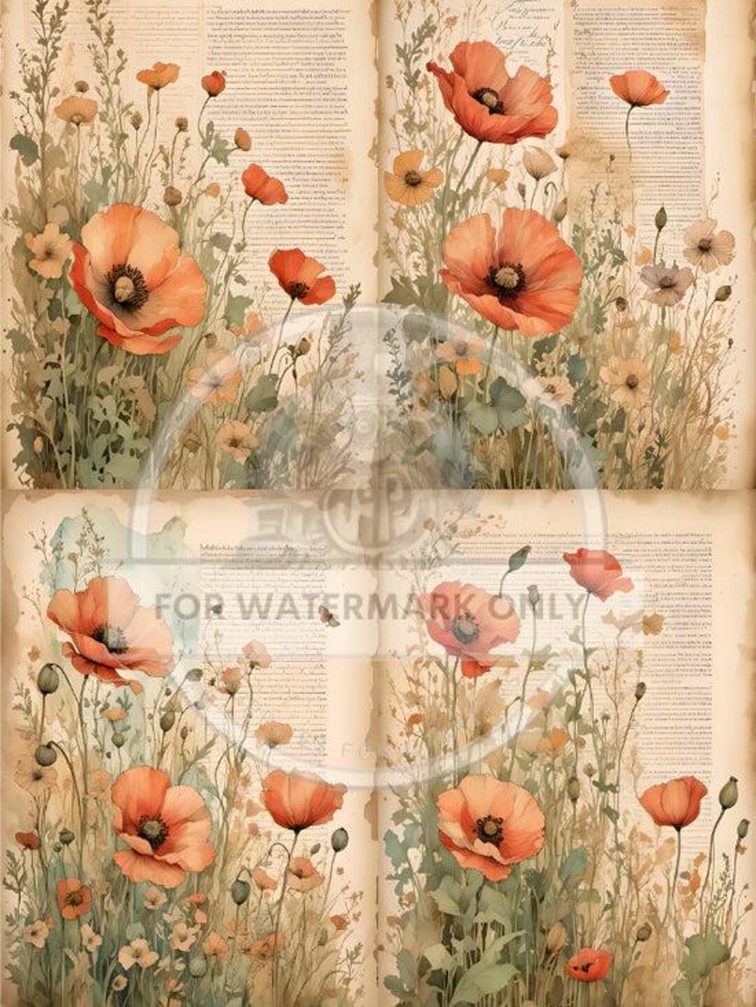 Poppies and Pages Quad | A4 Rice Paper | Paper for Decoupage ...