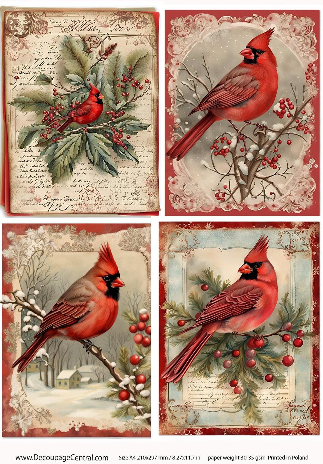 Cardinal Squares A4 Rice Paper Paper for Decoupage Vintage Winter ...