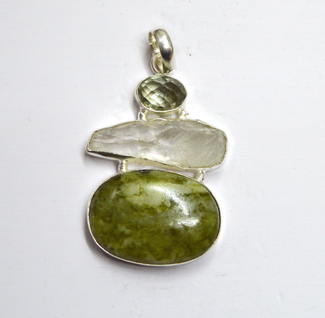 Vesonite, Green Amethyst & Crystal Pendant, 925 Sterling Silver ...
